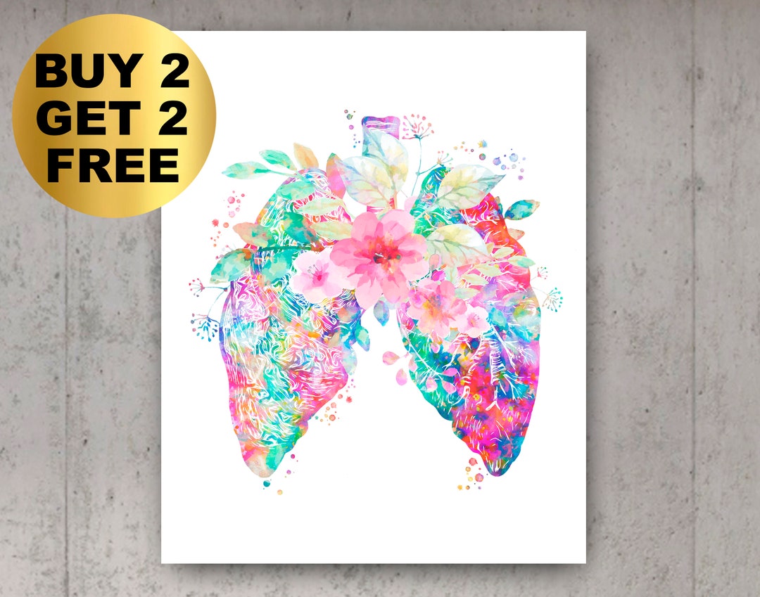 Watercolor Lungs Anatomy Poster Floral Trachea Art Respiratory System ...