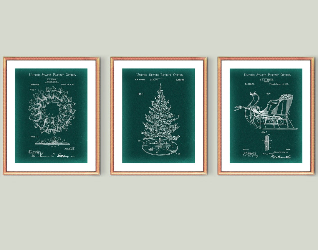 3 Christmas Art Patents Santa Sleigh Blueprint Christmas Wreath Decor ...