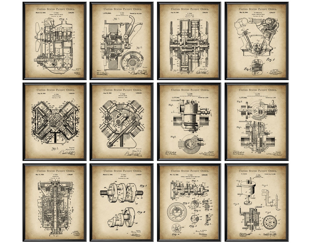 12 Engine Patent Art Posters Henry Ford Inventions Blueprint Internal ...