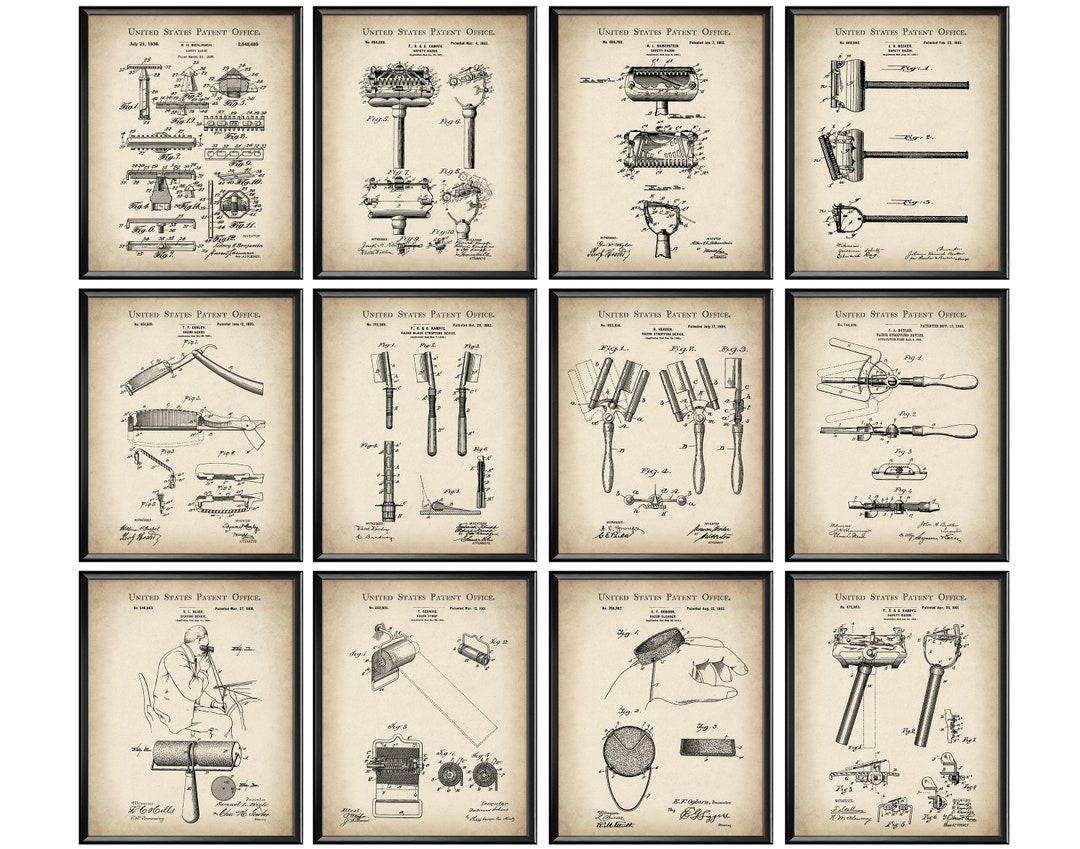 12 Vintage Safety Razor Patent Art Shaving Instrument Blueprint Shaver ...
