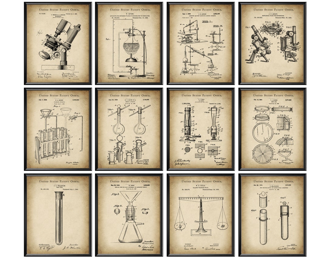 12 Vintage Chemistry Science Lab Equipment Patent Art Laboratory Decor ...
