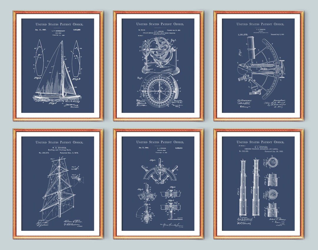 Nautical Patent Blueprint Set of 6 Compass Patent Telescope Patent ...
