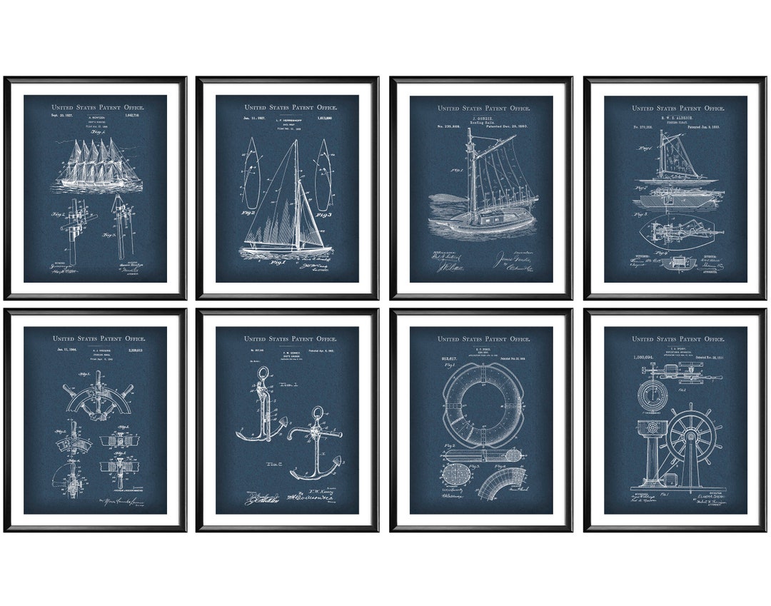 8 Vintage Sailing Patent Art Prints Nautical Blueprint Wall Decor ...