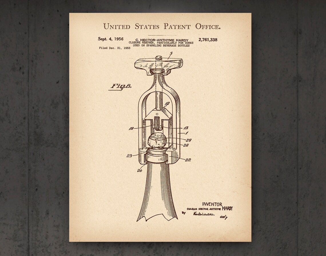 6 Wine Patent Art Vintage Wine Bottle Blueprint Wine Press Drawing ...
