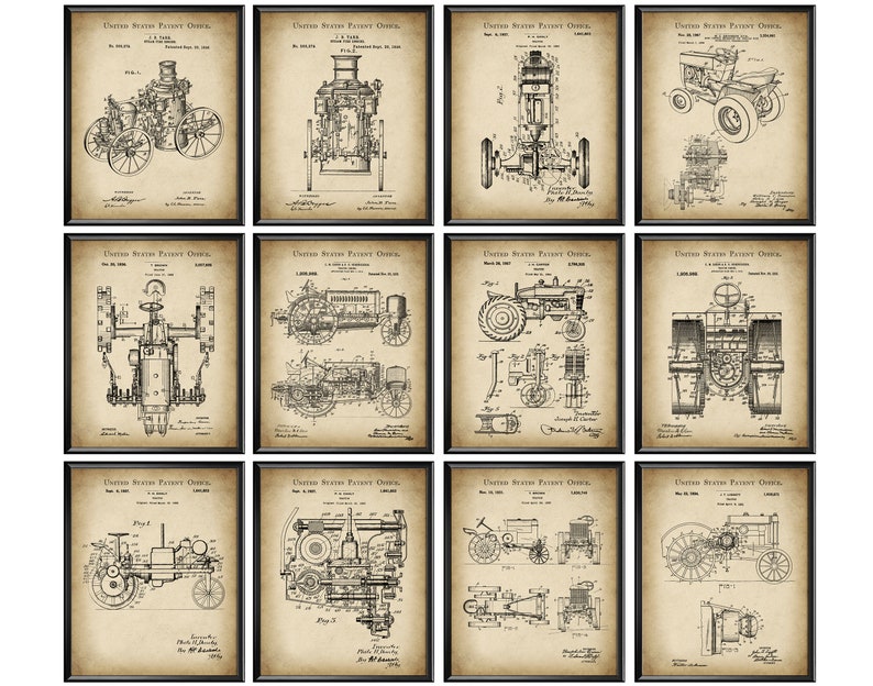 12 Vintage Tractor Patent Posters Agriculture Machine Blueprint ...