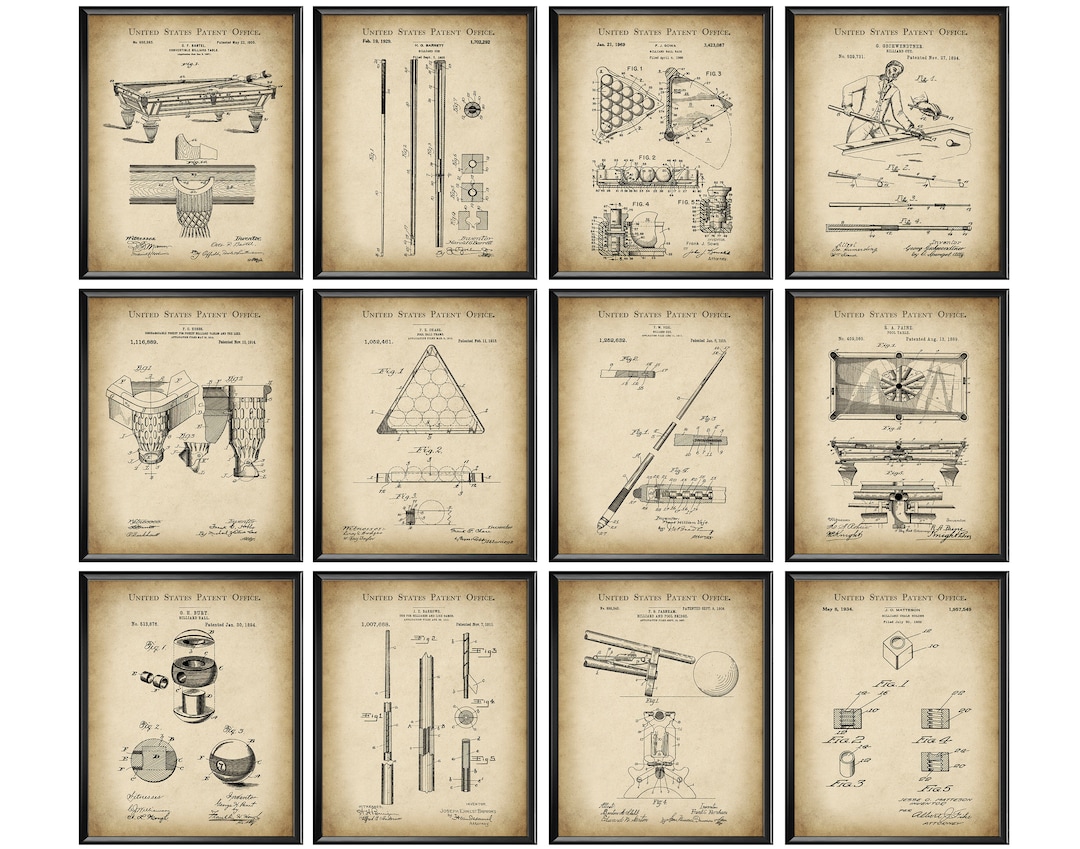 Pool Billiards Patent Art Set 12 Bulliard Cue Blueprint Billiard Table ...