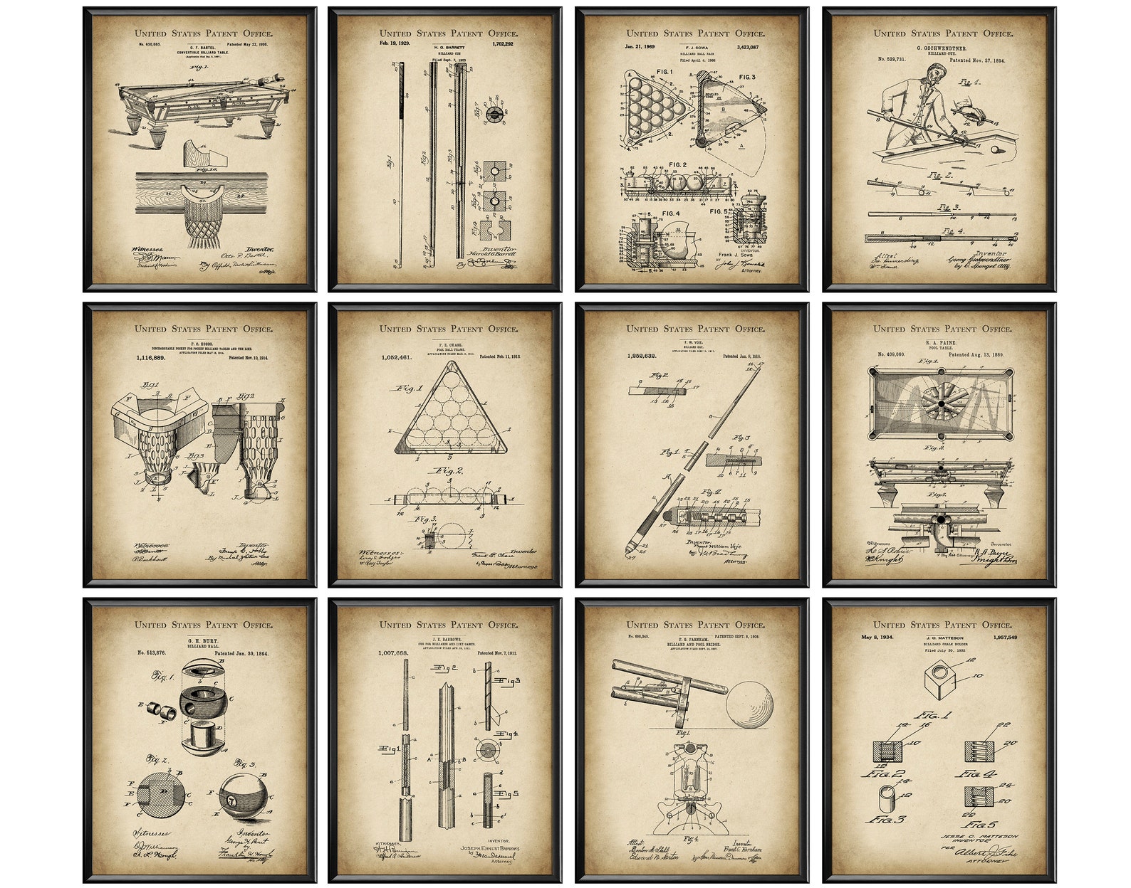 Pool Billiards Patent Art Set 12 Bulliard Cue Blueprint | Etsy