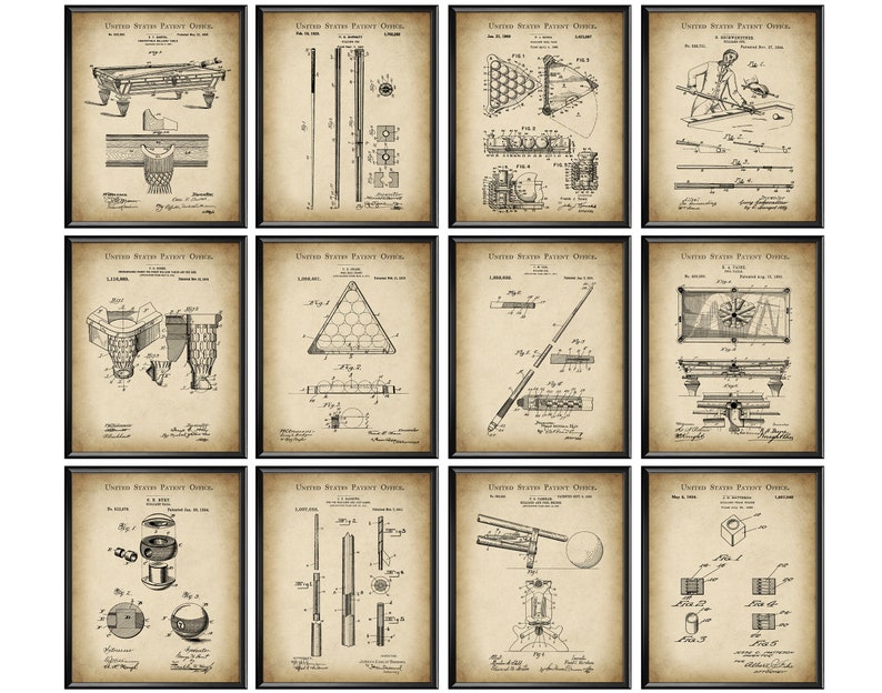 Pool Billiards Patent Art Set 12 Bulliard Cue Blueprint | Etsy