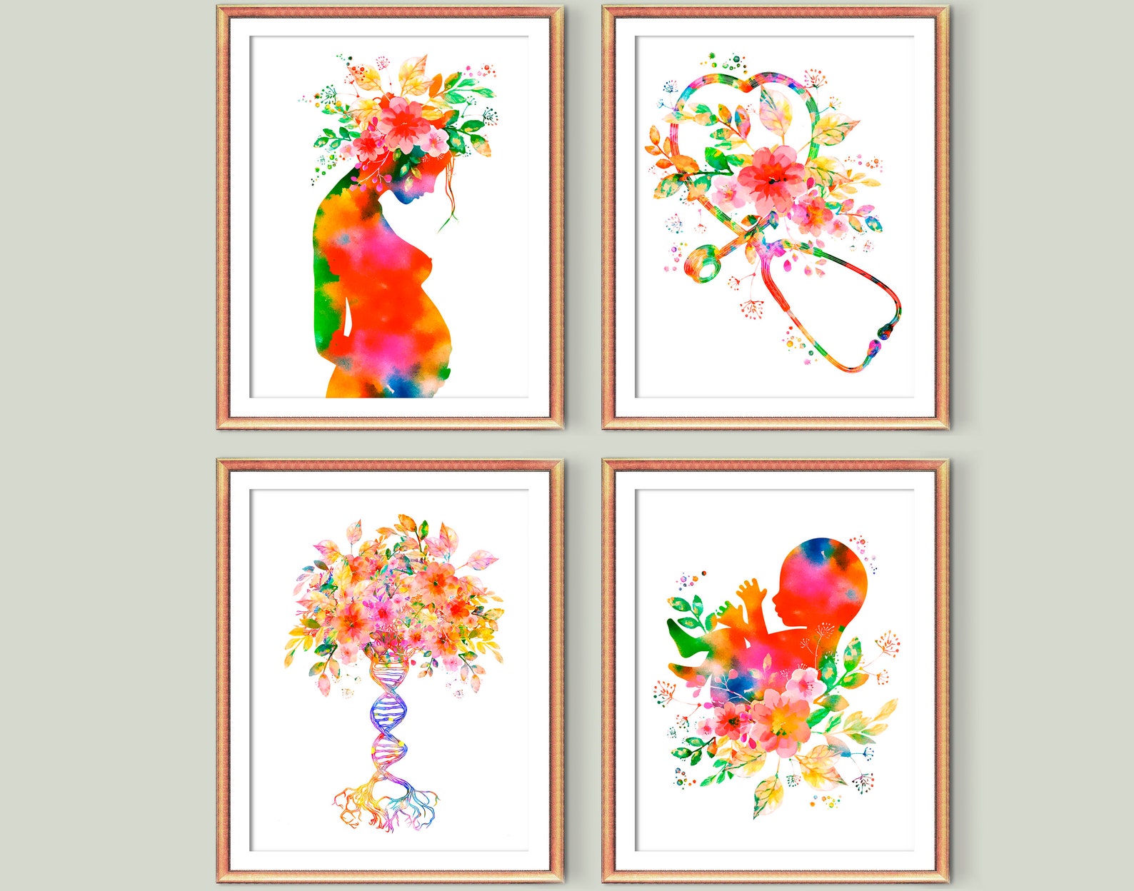 Pregnancy Watercolor Art Floral Fetus Art Stethoscope and - Etsy
