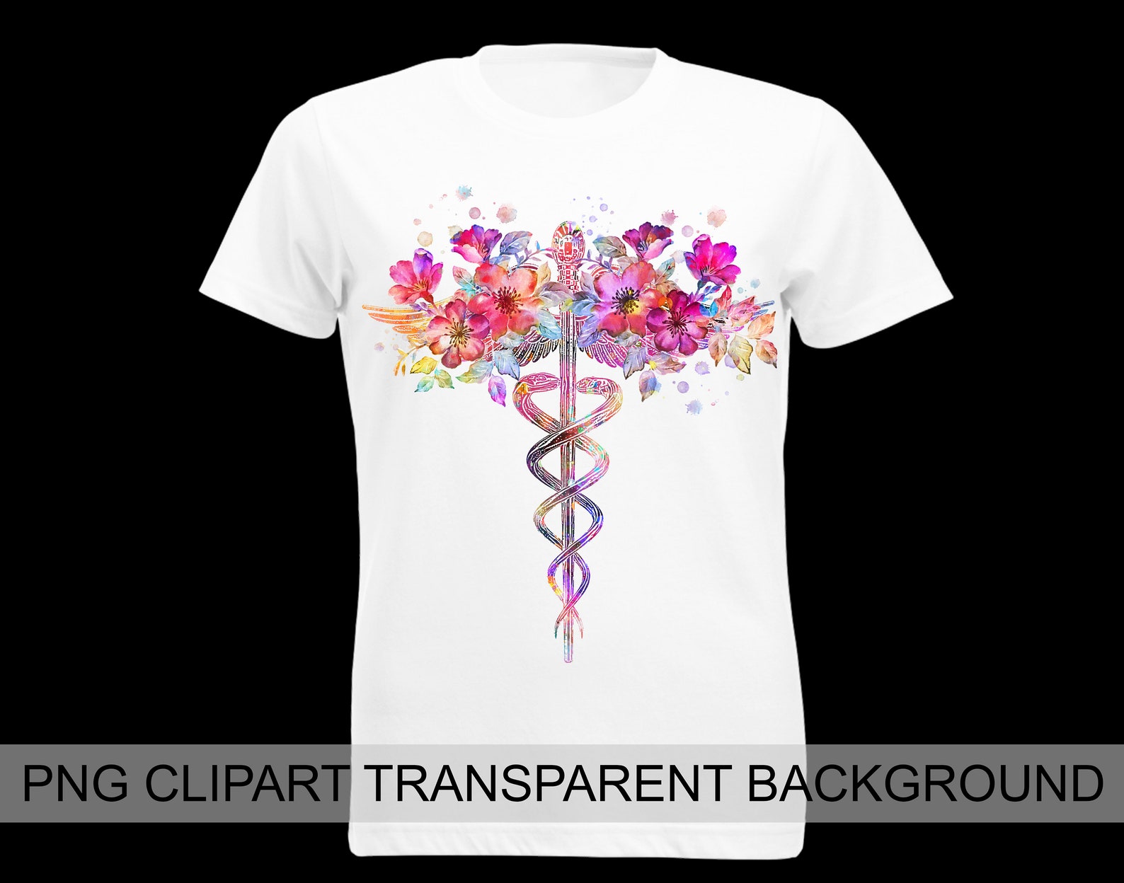 Caduceus Floral Clipart Watercolor Png Clipart Caduceus Symbol - Etsy