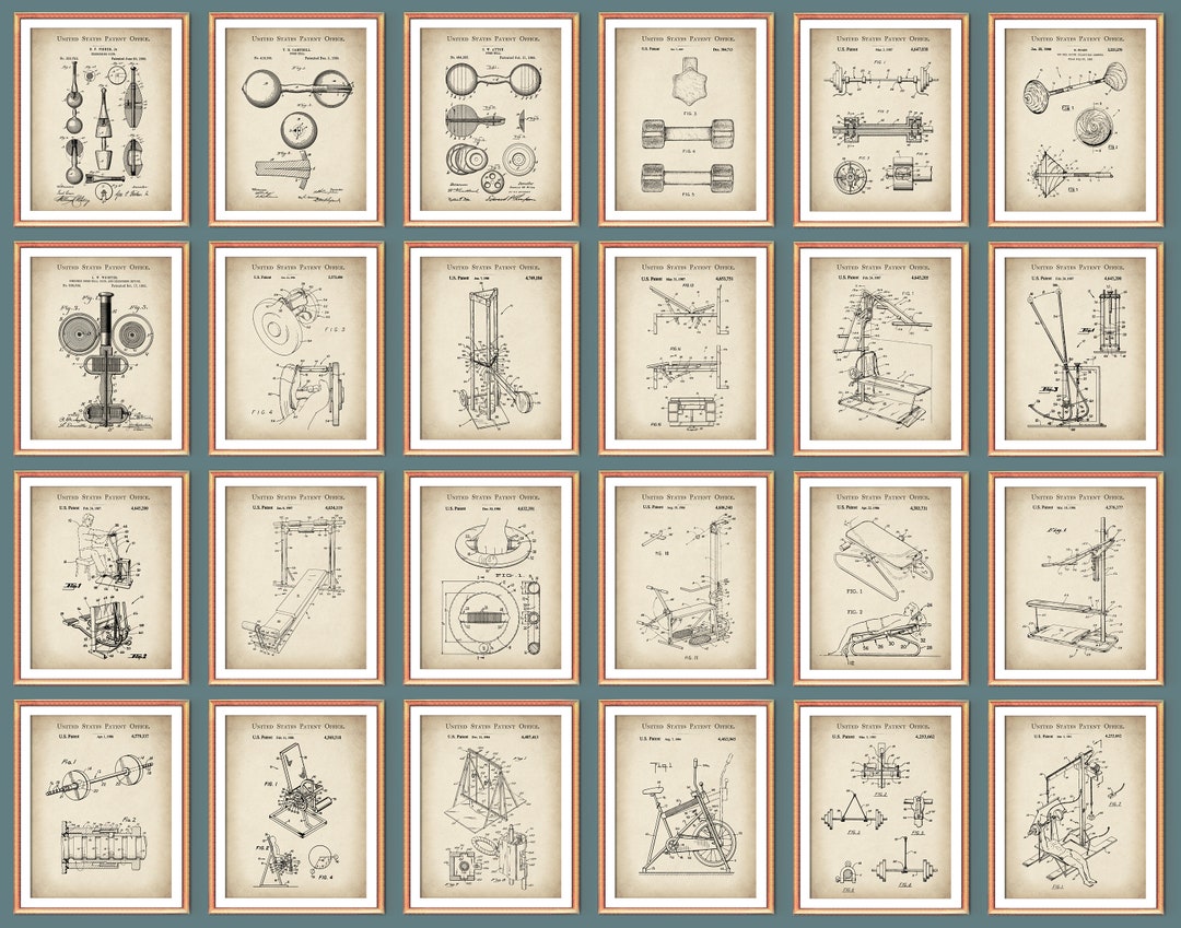24 Vintage Gym Patent Posters Workout Blueprint Weightlifting Equipment ...