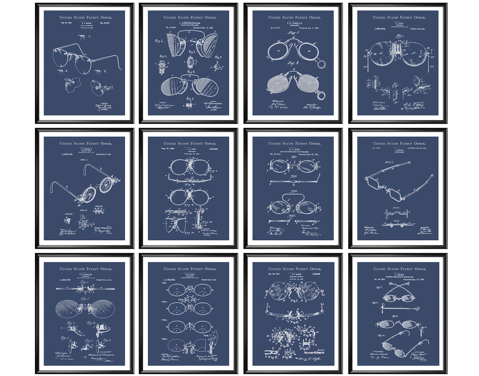 12 Eye Glasses Patent Art Optometry Blueprint Ophthalmology Art ...