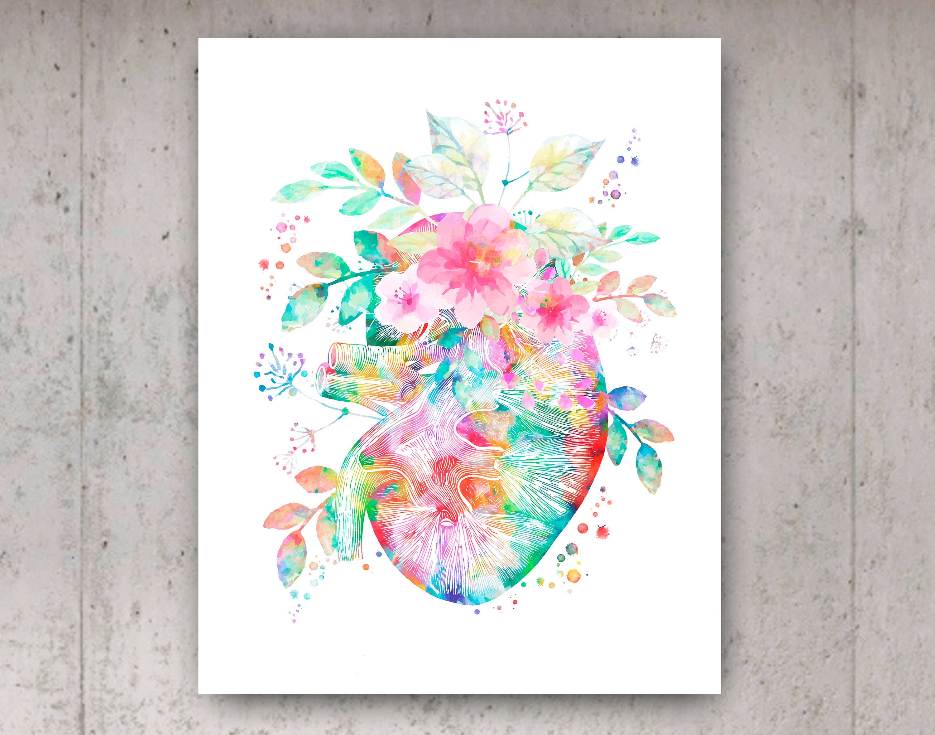 Floral Anatomy Print Set of 8 Watercolor Brain Heart Lungs Kidney Liver ...