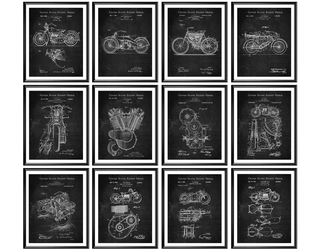 Motorcycle Patent Poster Set of 12, Chalk Board Art, Engine Patent ...