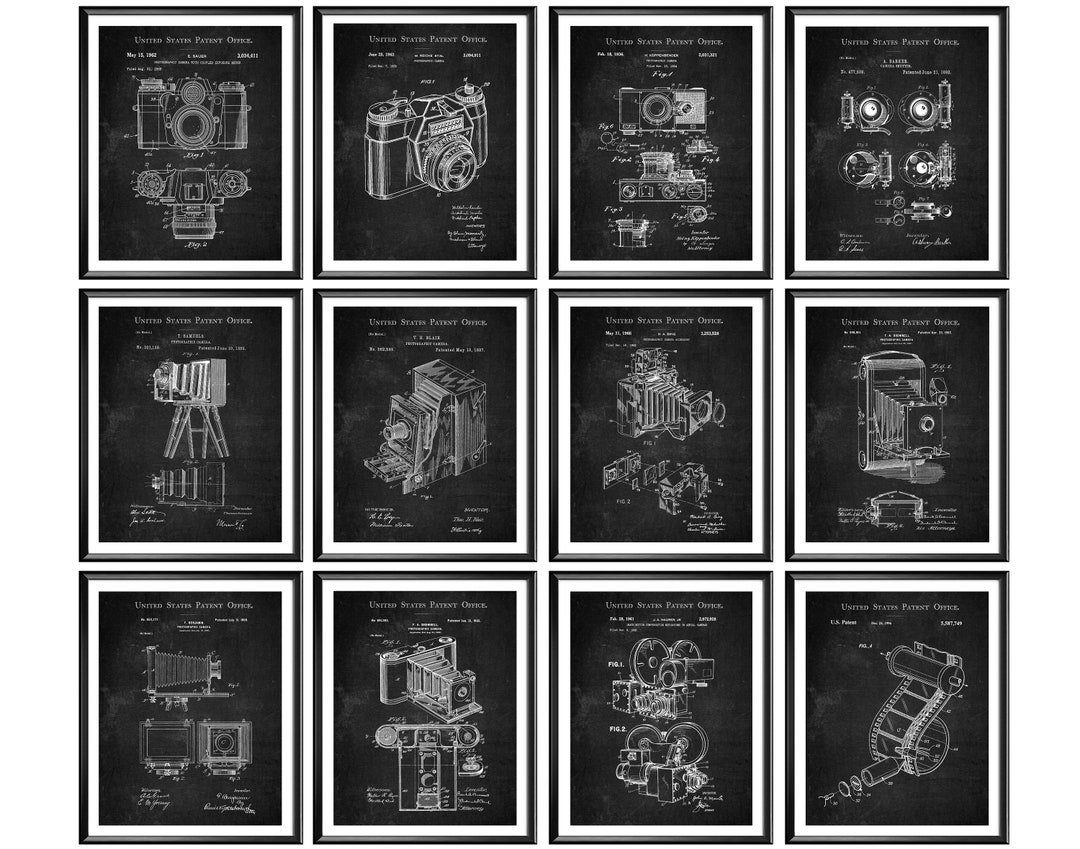 12 Vintage Camera Patent Posters, Chalkboard Art, Photographic Camera ...