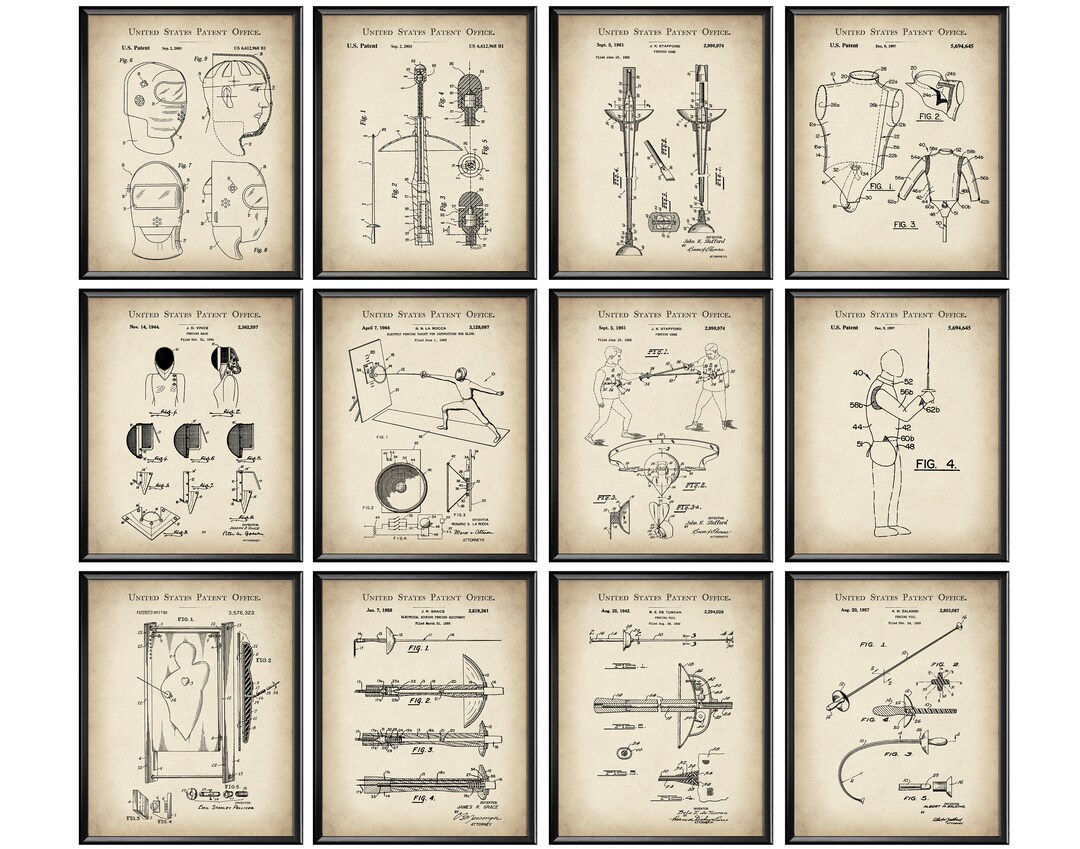 12 Vintage Fencing Patent Blueprints Sport Art Swordman Gift Fencer ...
