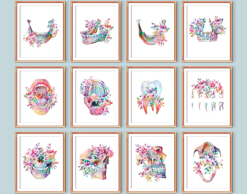 12 Floral Dental Art Dentistry Poster Dentist Gift Tooth Anatomy Jaw ...