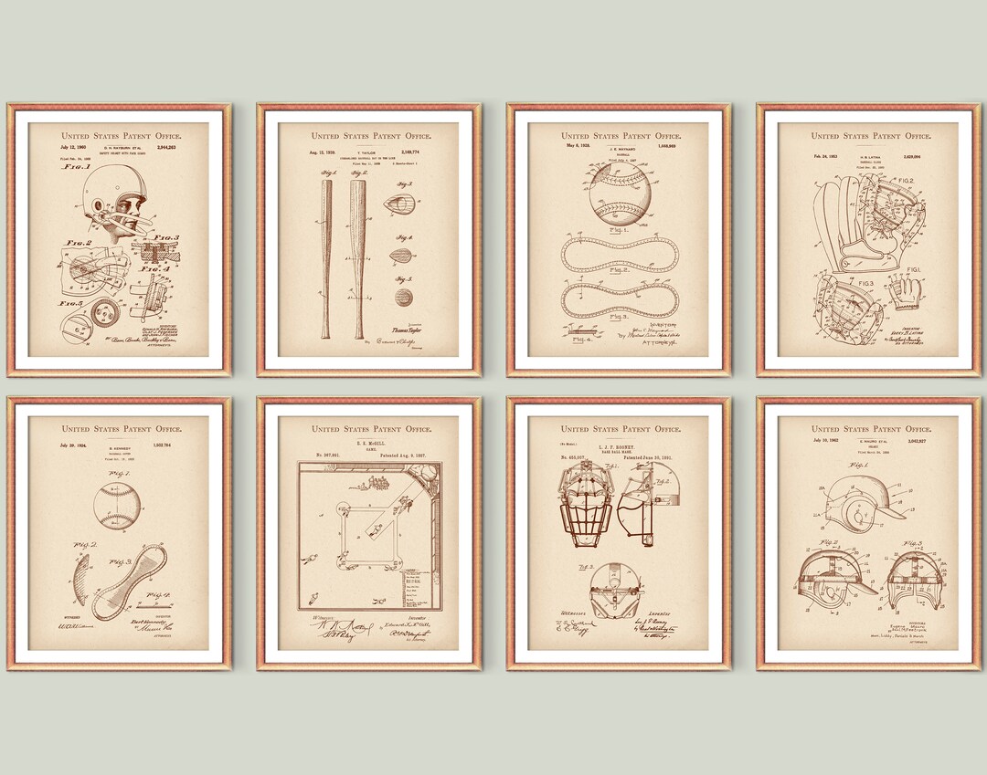Baseball Patent Art Set of 8, Baseball Bat, Baseball Glove, Sports ...