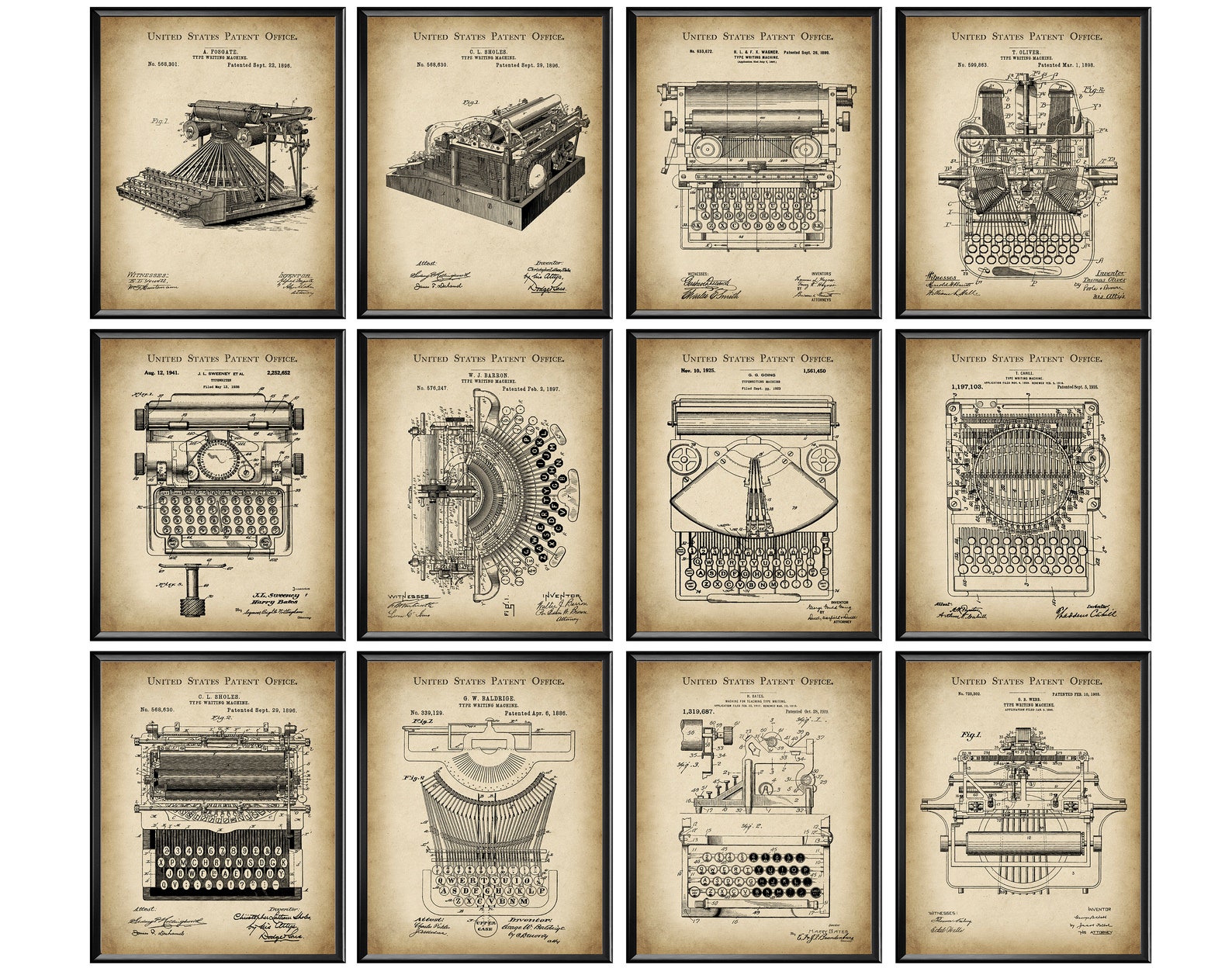 12 Antique Typewriter Patent Posters Blueprint Wall Decor Type Writing ...