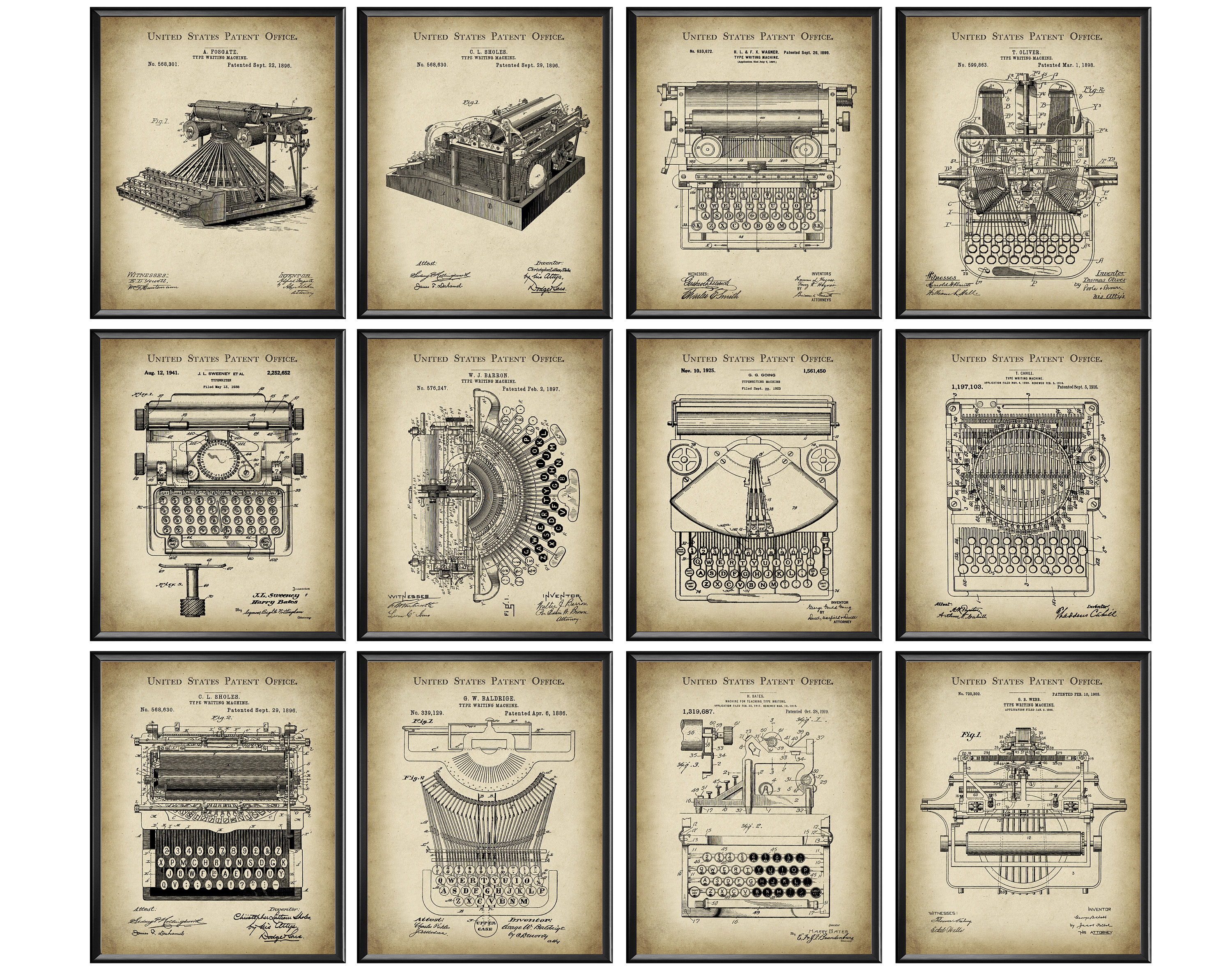 12 Antique Typewriter Patent Posters Blueprint Wall Decor Type Writing ...