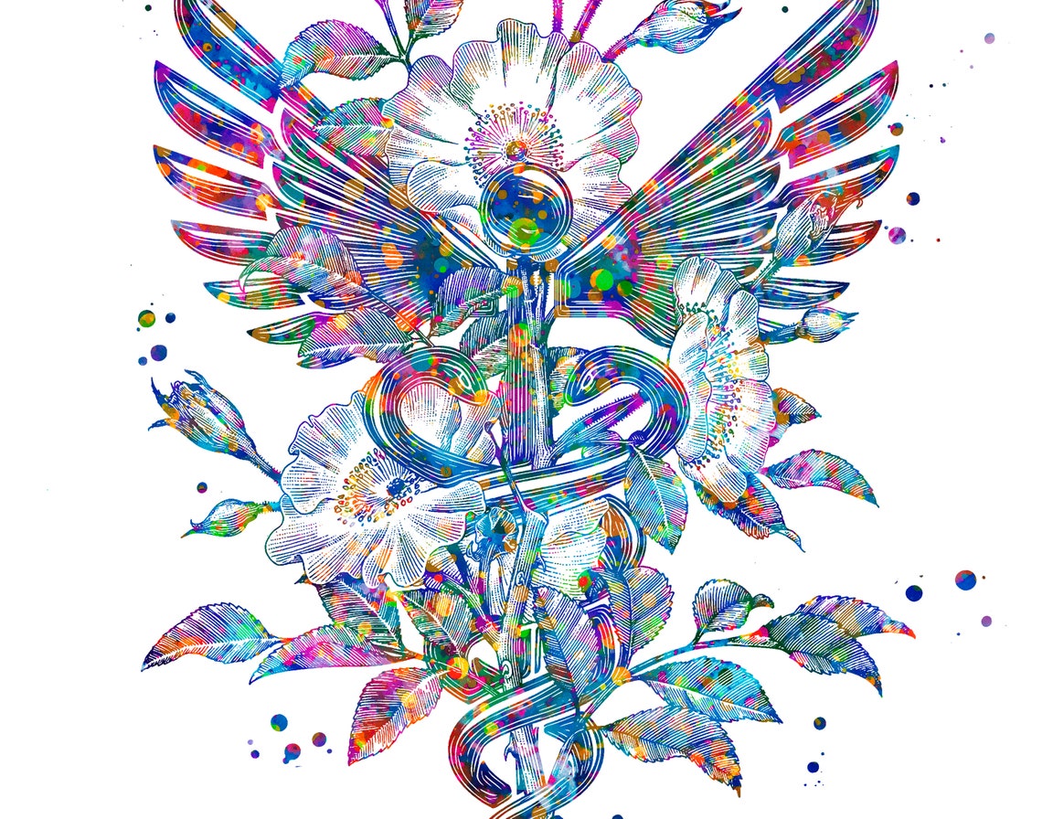 Caduceus and Flowers Art Medical Symbol Art Registered Nurse Gift ...