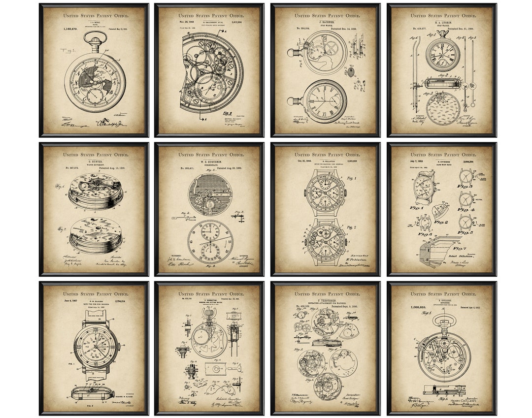 12 Watch Patent Art Pocket Watch Poster Stopwatch Blueprint Clock ...