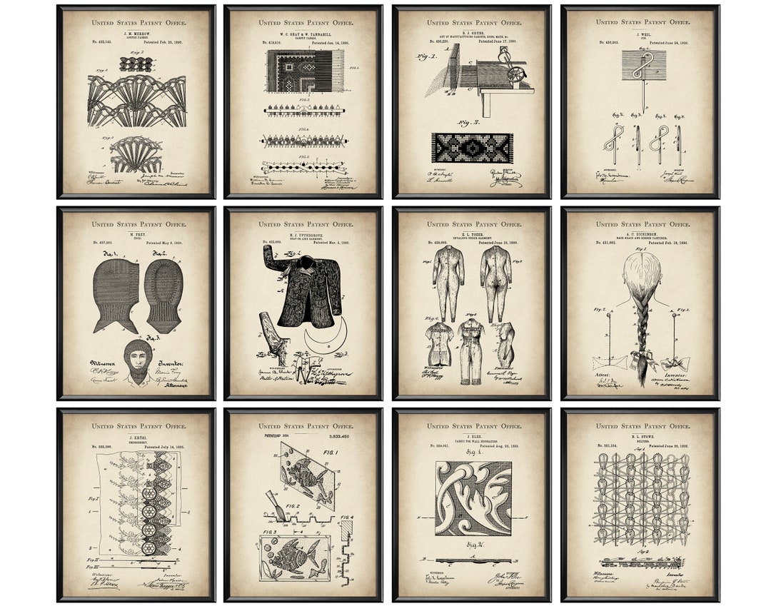 12 Vintage Crafting Patent Posters Embroidery Blueprint Crafter Gift ...