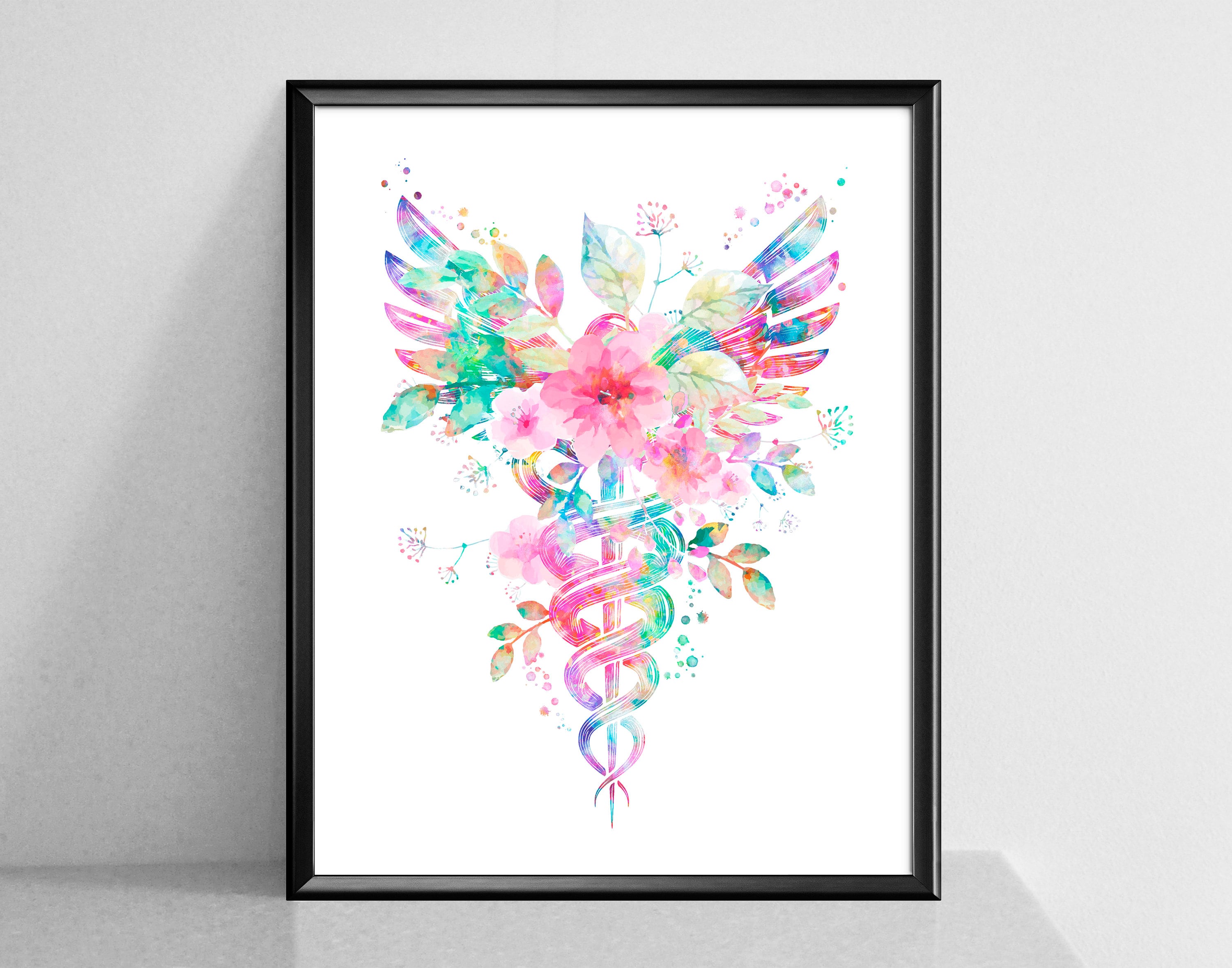Watercolor Caduceus and Flowers Painting Medical Symbol Art - Etsy