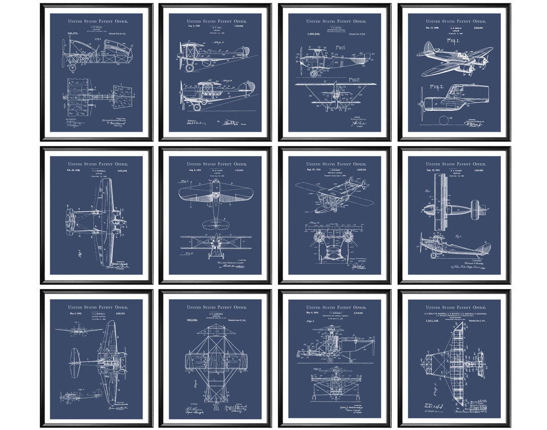 12 Plane Patent Art Aircraft Blueprint Aviation Poster Flying Apparatus ...