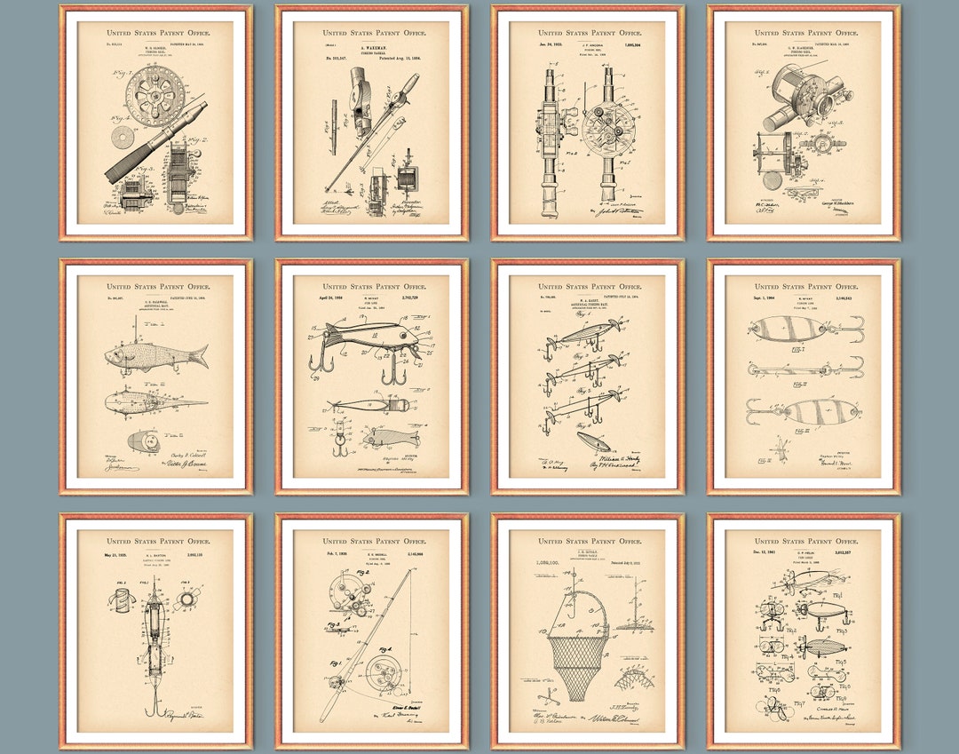 12 Fishing Patent Art Vintage Blueprint Fisherman Gift Fishing Pole ...