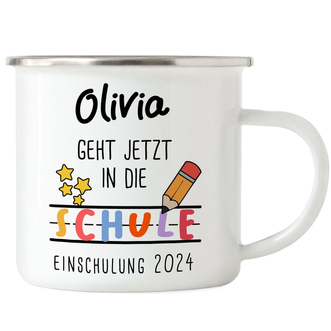 Tasse Einschulung Schulanfang Geschenk Becher Trinkbecher Emaille Name Personalisiert Wunschname ...