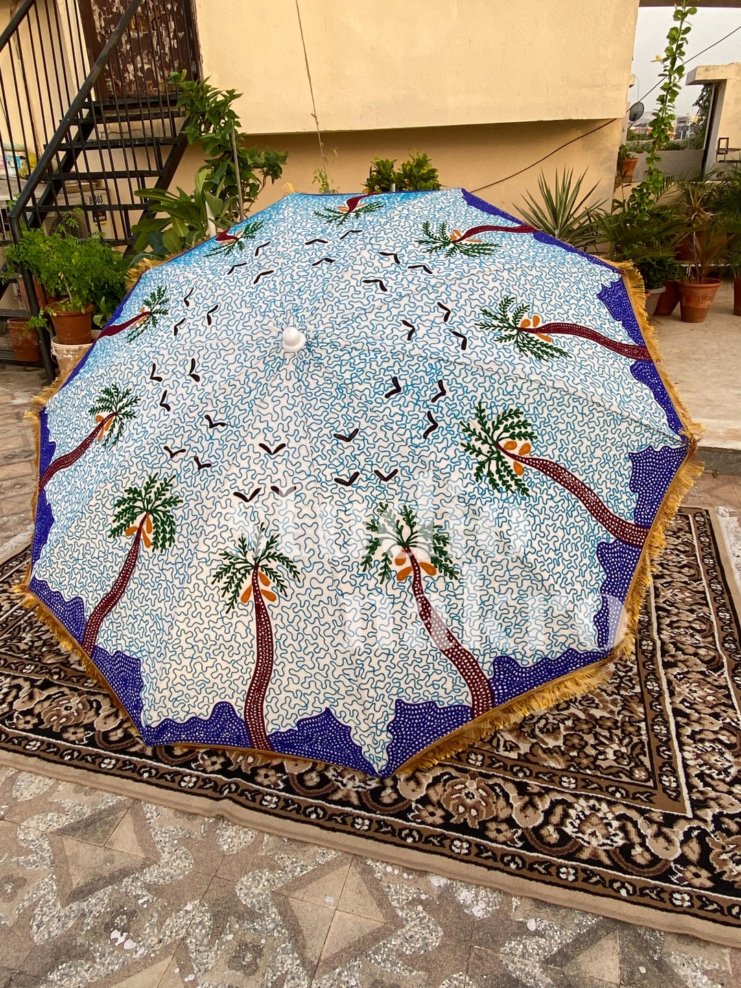 Palm Tree Embroidered Garden Umbrella: Hand-stitched Indian Parasol - Etsy