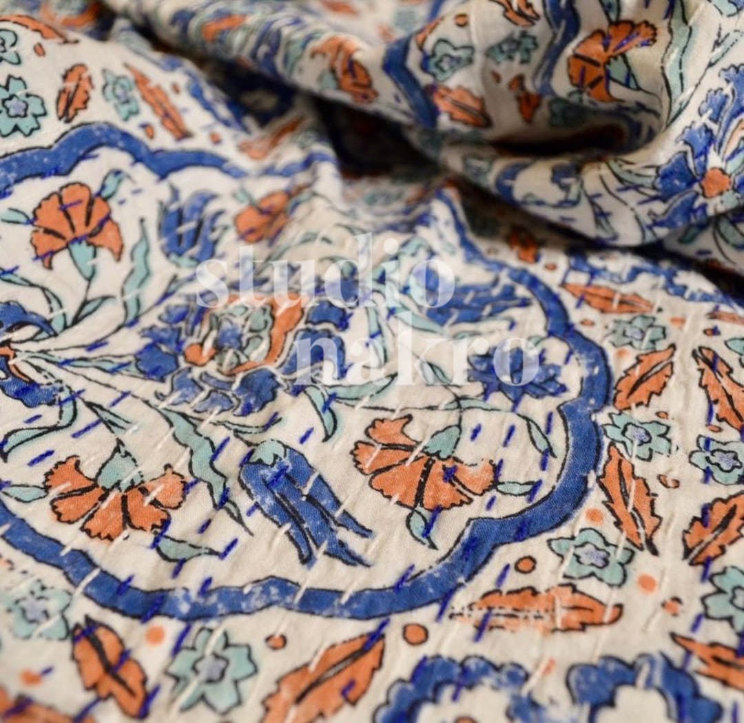 Blue Orange Turkish Tile Print Bestseller Kantha Quilt Queen Pure ...