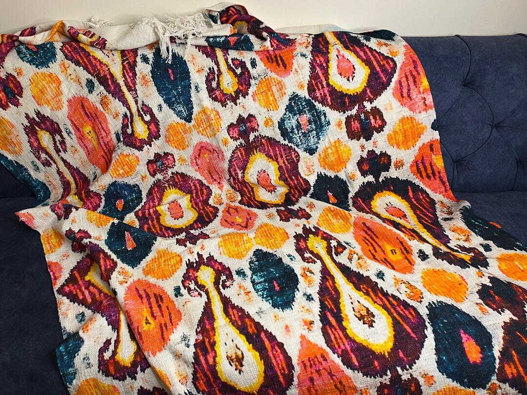 Persian Ikat Throw: Colorful Boho Jute Cotton Sofa Blanket - Etsy
