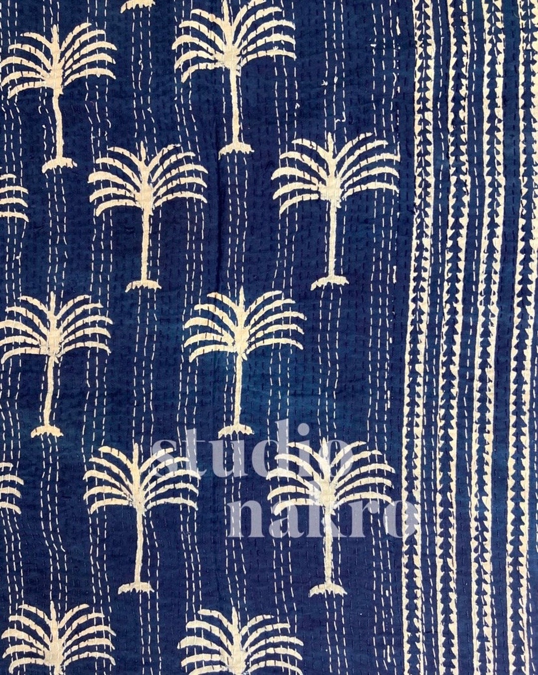 Indigo Hand Block Palm Tree Print Bestseller Kantha Quilt Queen Pure ...
