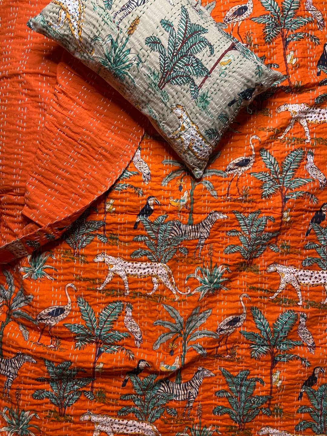 Pop Orange Cheetah Jungle Kantha Quilt Queen Pure Cotton Kantha Throw ...