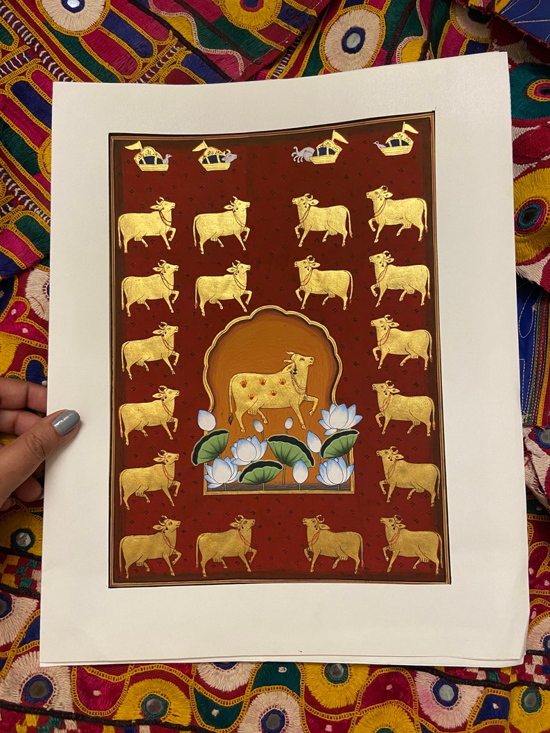 Hand Painted Pichwai Cow Print: Red & Gold Indian Folk Art - Etsy
