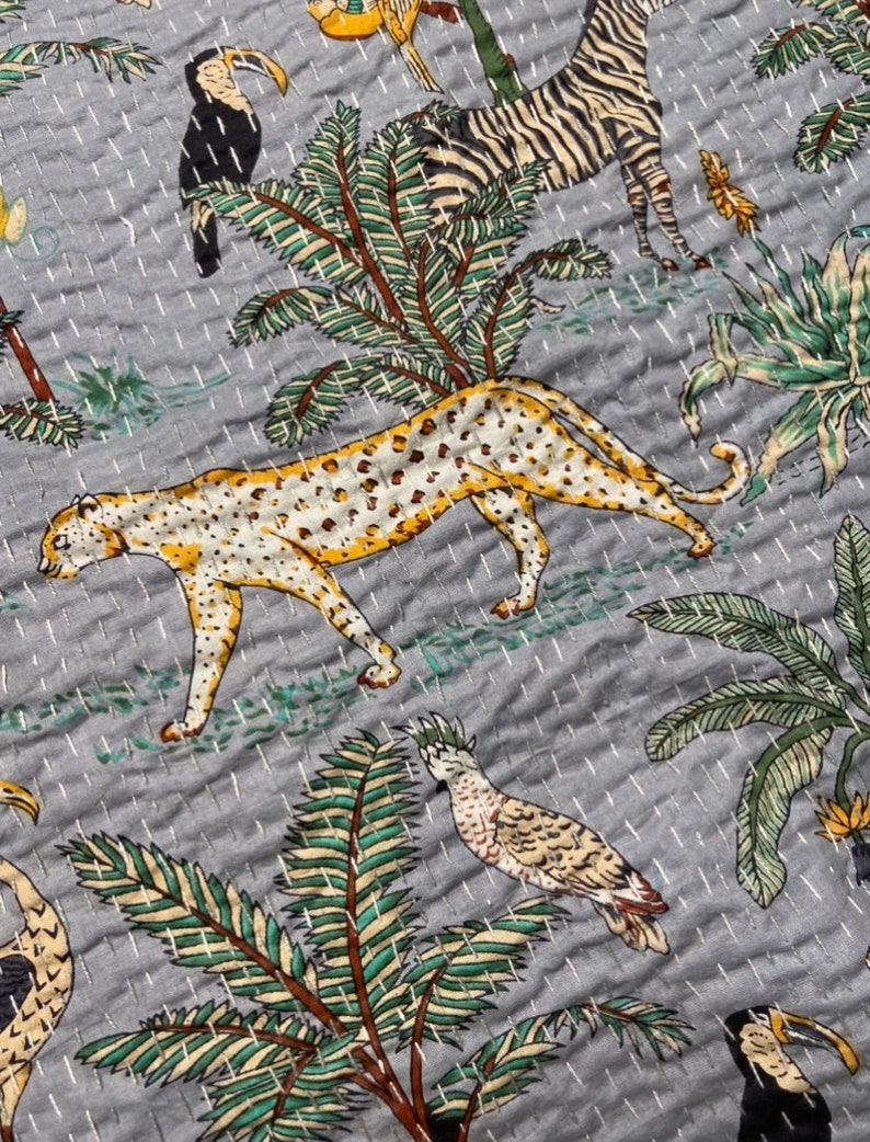 Grey Cheetah Jungle Kantha Quilt: Boho Cotton Bedspread - Etsy