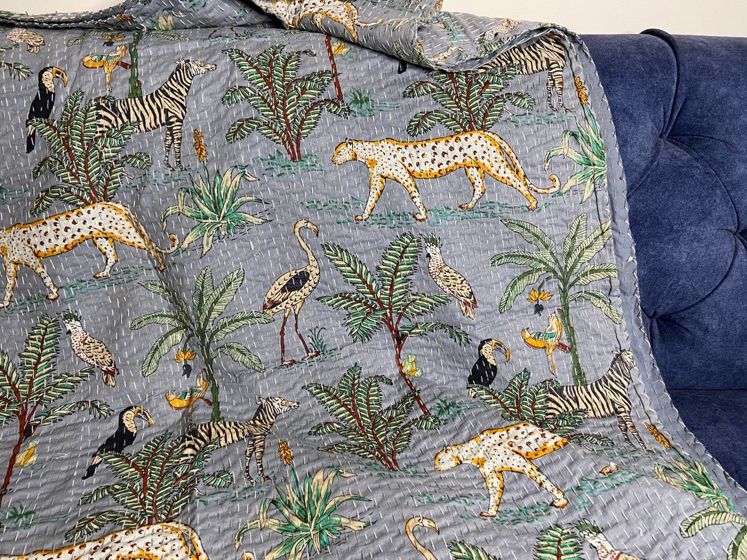 Grey Safari Cheetah Kantha Quilt: Queen Size Cotton Bedspread - Etsy