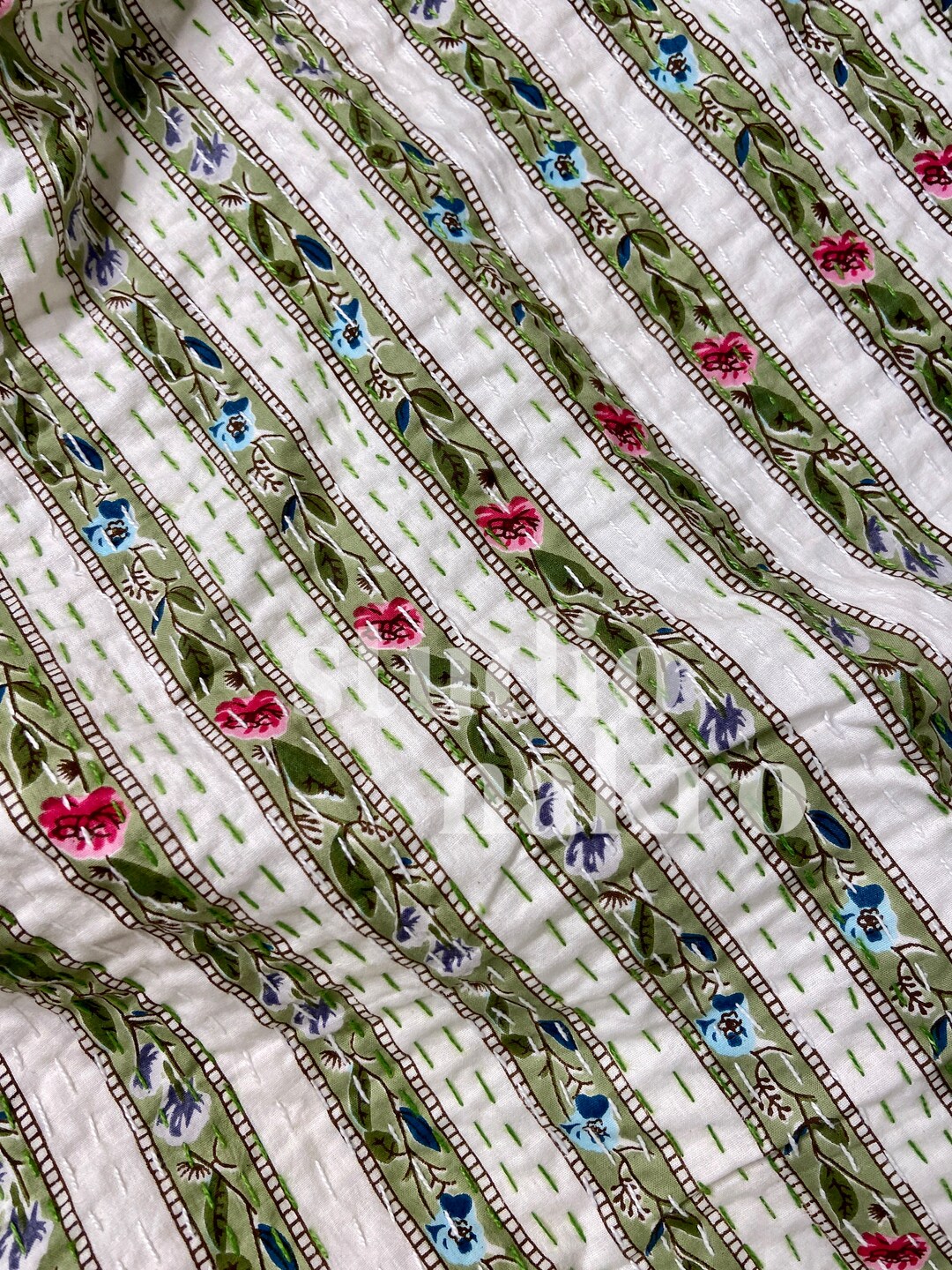 Sage Green Floral Striped Borders Print Kantha Quilt Queen Pure Cotton ...