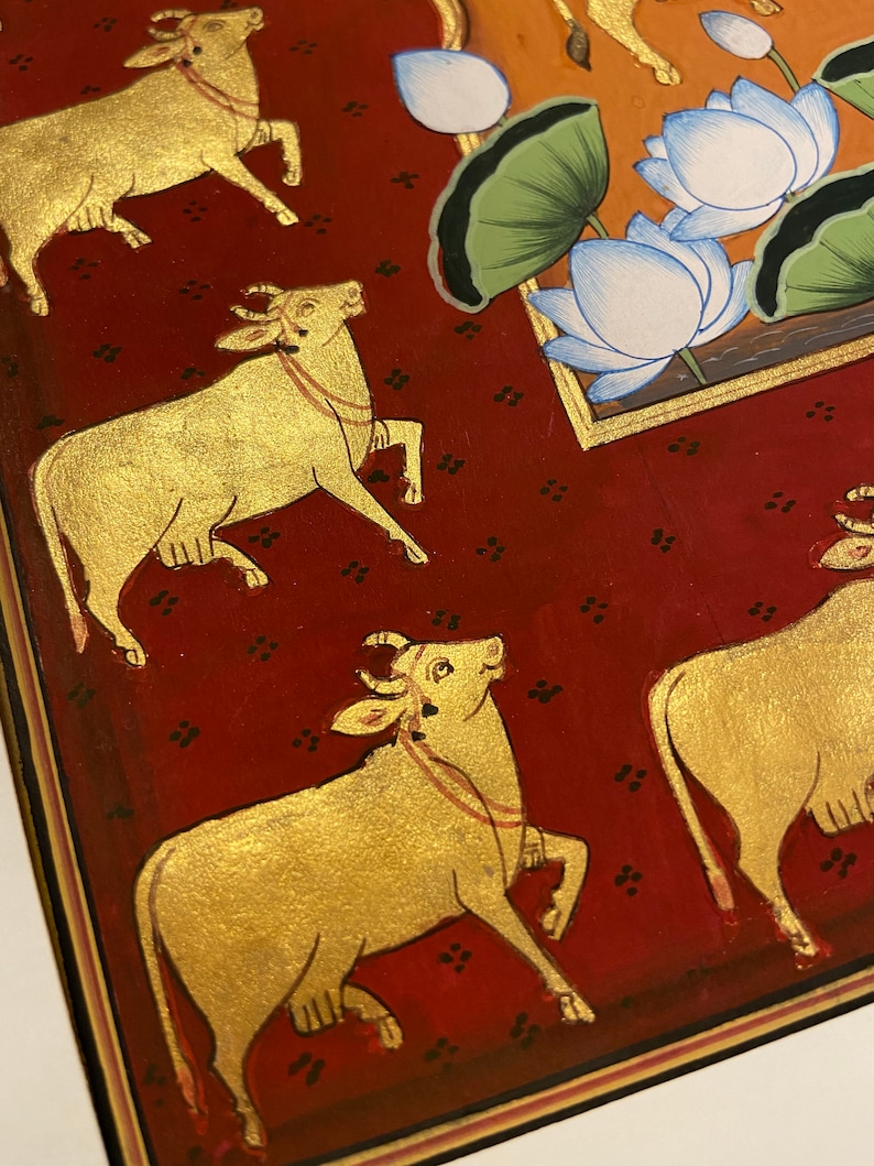 Hand Painted Pichwai Cow Print: Red & Gold Indian Folk Art - Etsy