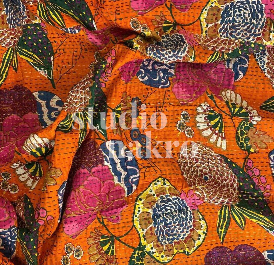Rust Orange Floral Fruit Print Kantha Quilt Queen Pure Cotton Throw ...