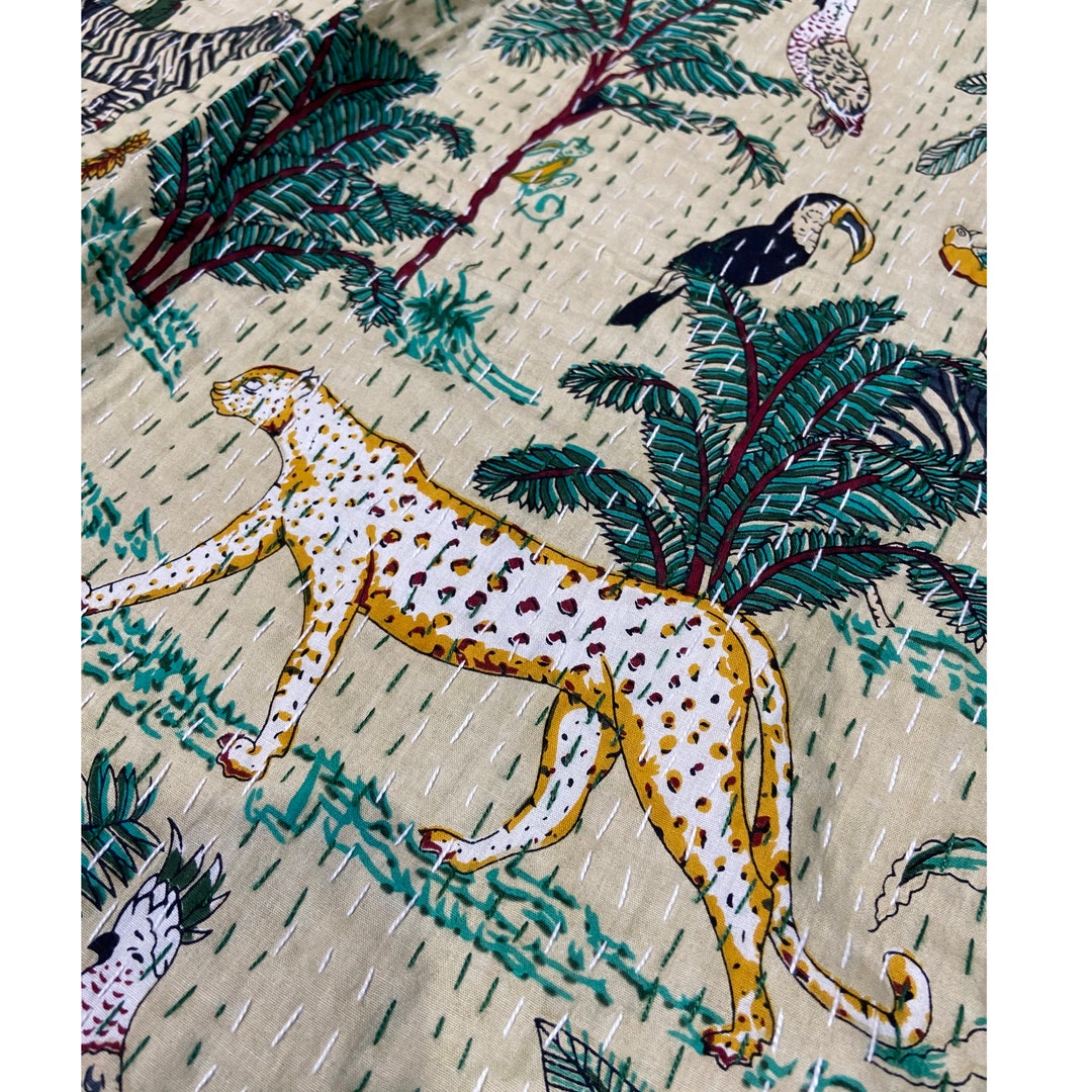 Cheetah Jungle Print Kantha Quilt - Queen Size Cotton Bedspread - Etsy