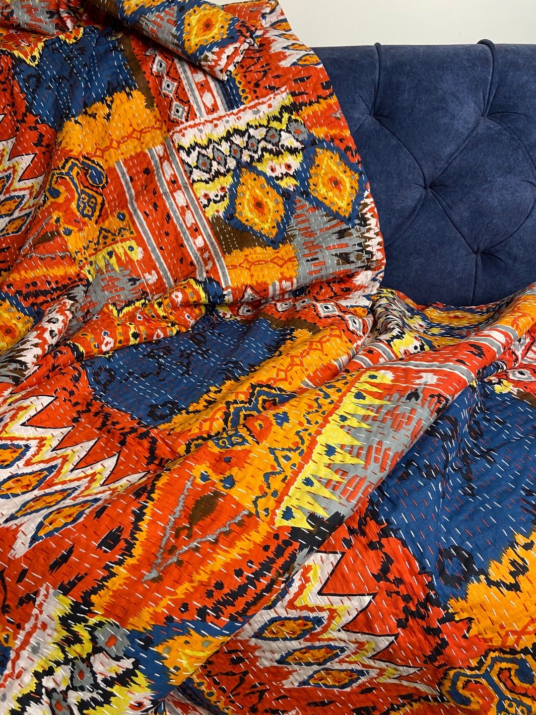 Red Yellow Ikat Kantha Quilt: Queen Size Cotton Boho Bedspread - Etsy