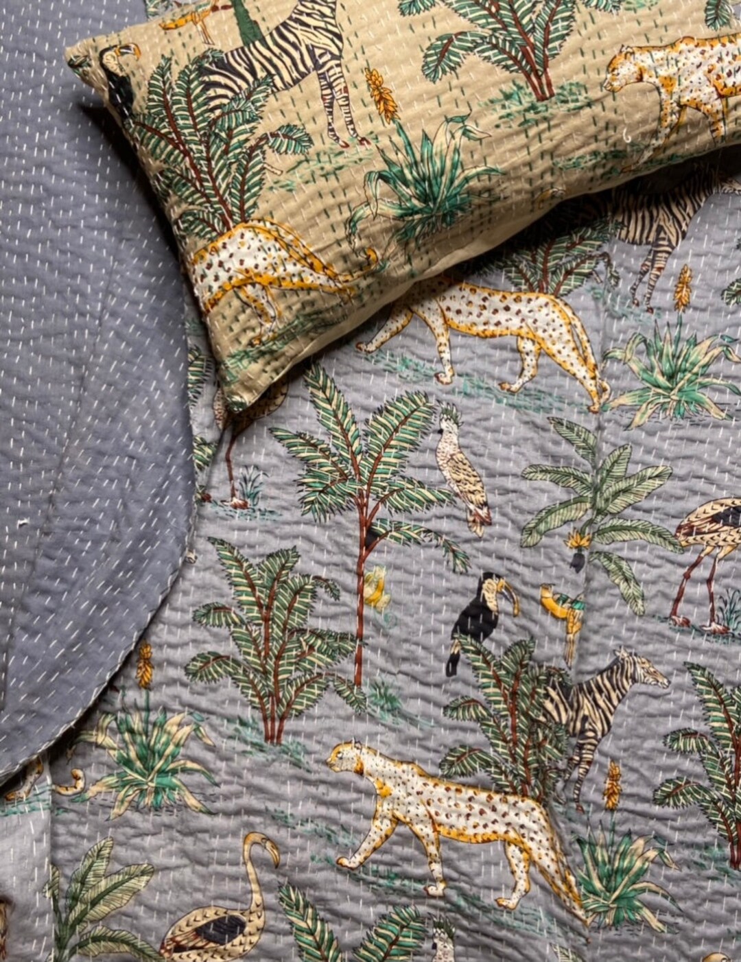 Grey Cheetah Jungle Kantha Quilt: Boho Cotton Bedspread - Etsy