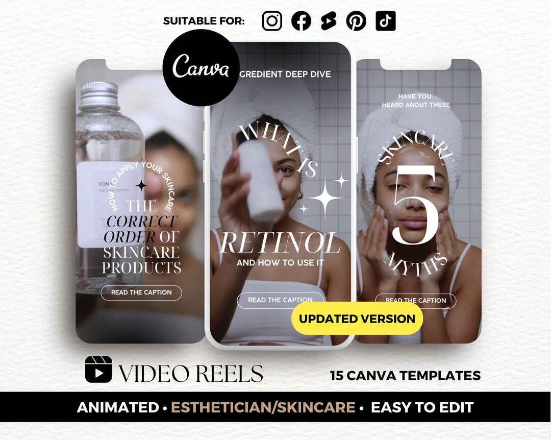 Skincare Video Reel Templates Canva, Esthetician Reel Covers, Canva ...