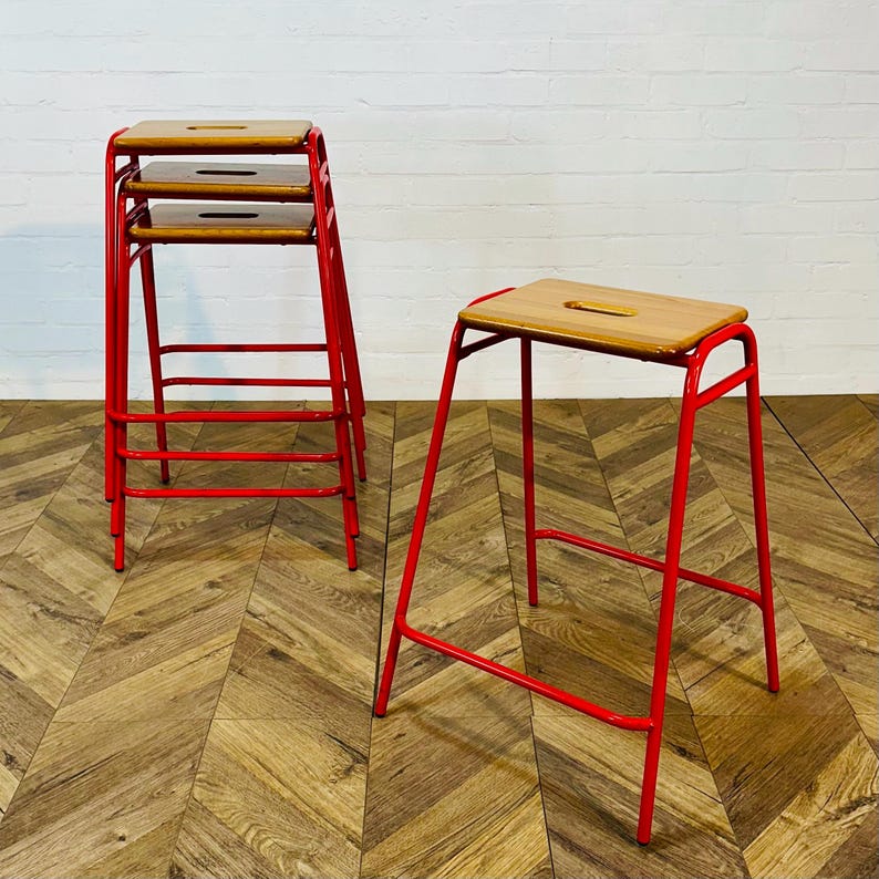 Vintage Red Metal + Oak Lab Stools by David Irwin, Set of 4 - Etsy