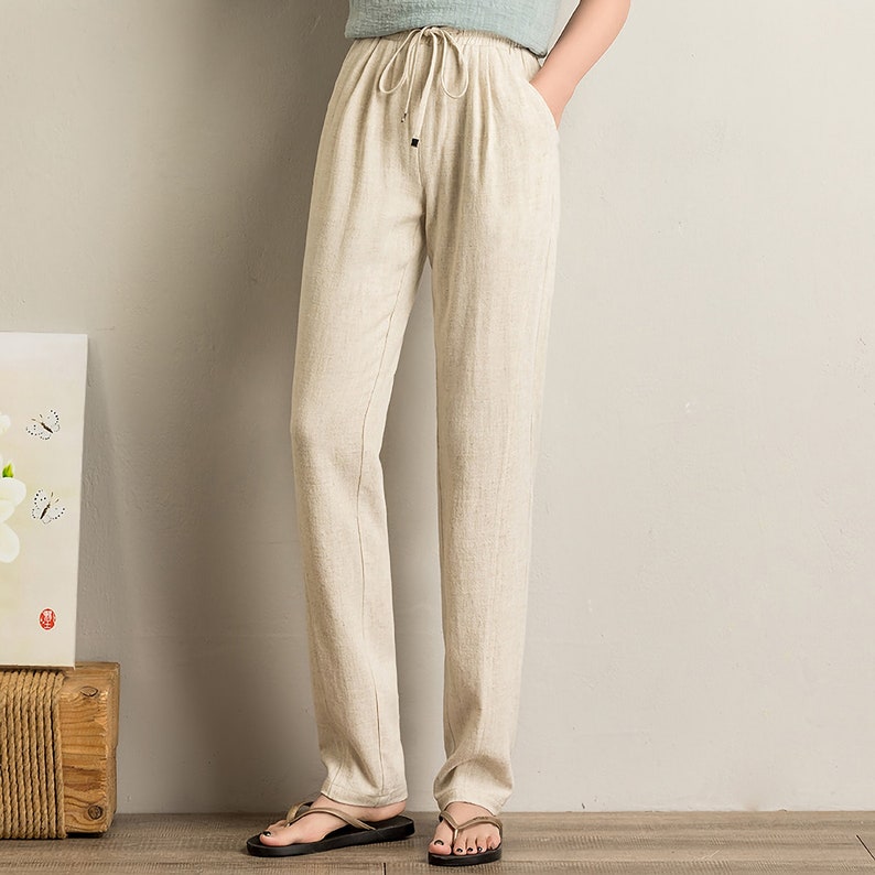 Pantalon En Lin Femme Mélange De Lin élastique Taille Cordon Etsy