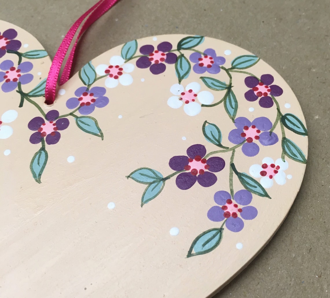 Hand Painted Original Artwork Floral Wooden Heart | Etsy