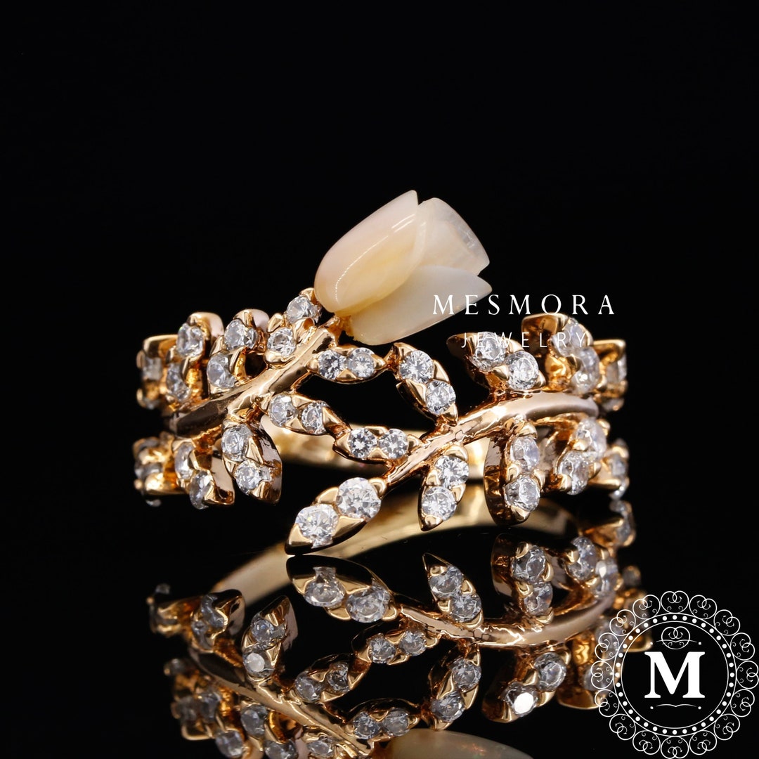 Art Deco Ring Mother of Pearl Rose Ring for Her Round Cut Moissanite ...